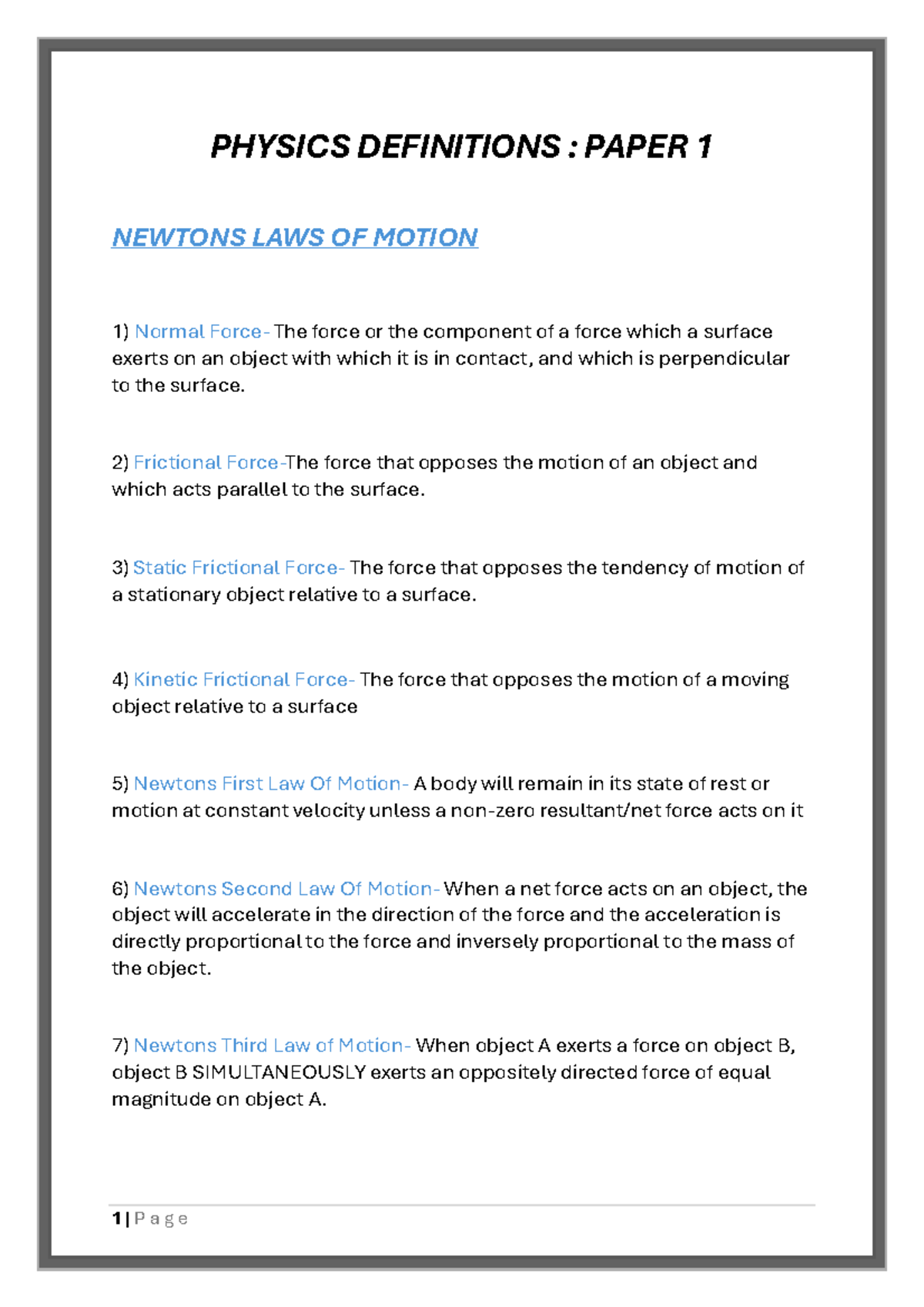 Phys new definition 1 - PHYSICS DEFINITIONS : PAPER 1 NEWTONS LAWS OF ...