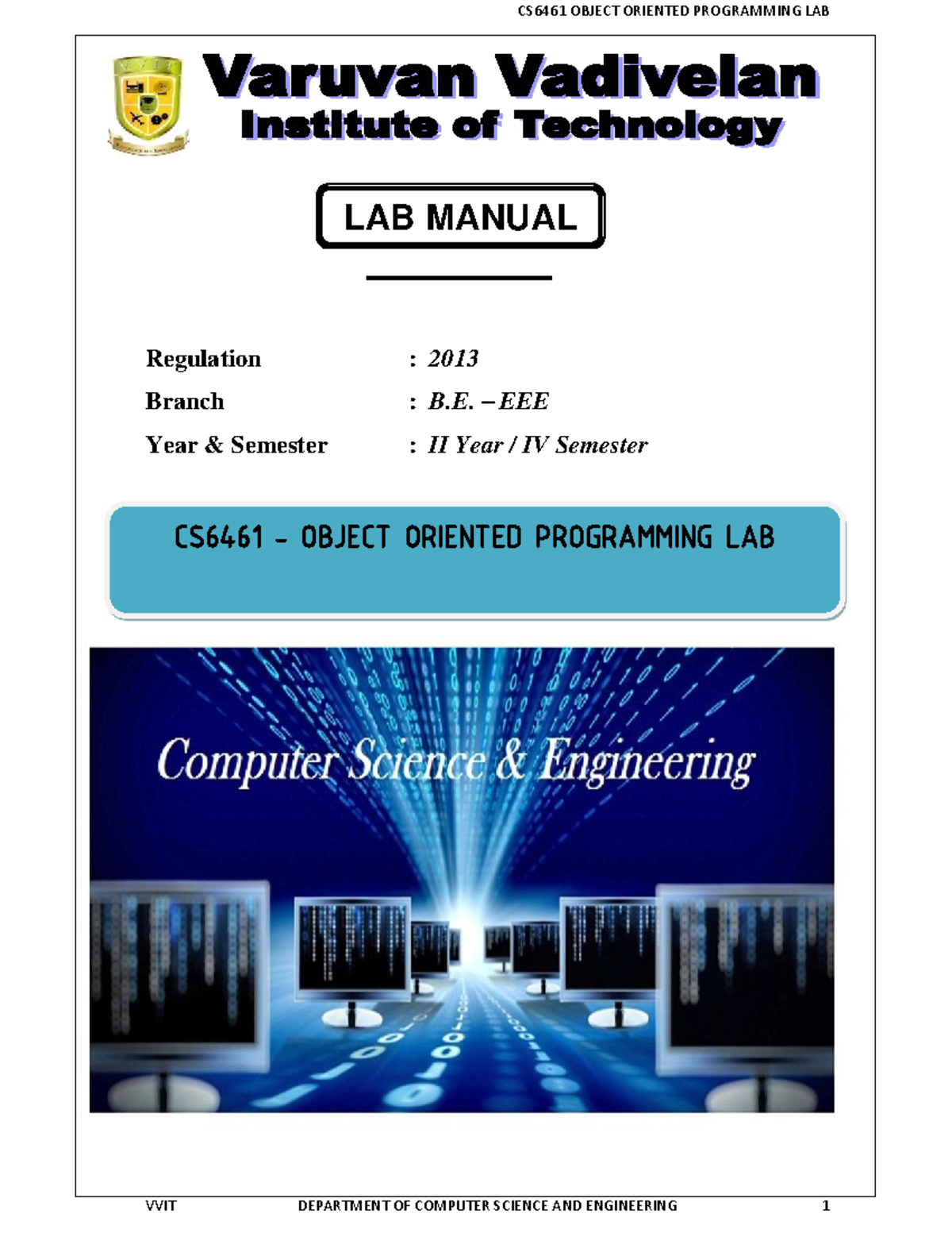 CS6461 Object Oriented Programming LAB - Regulation : 2013 Branch : B ...