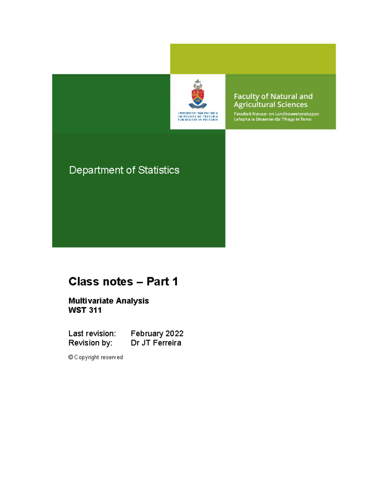 WST 311 - Part 1 2022 - Class notes – Part 1 Multivariate Analysis WST ...