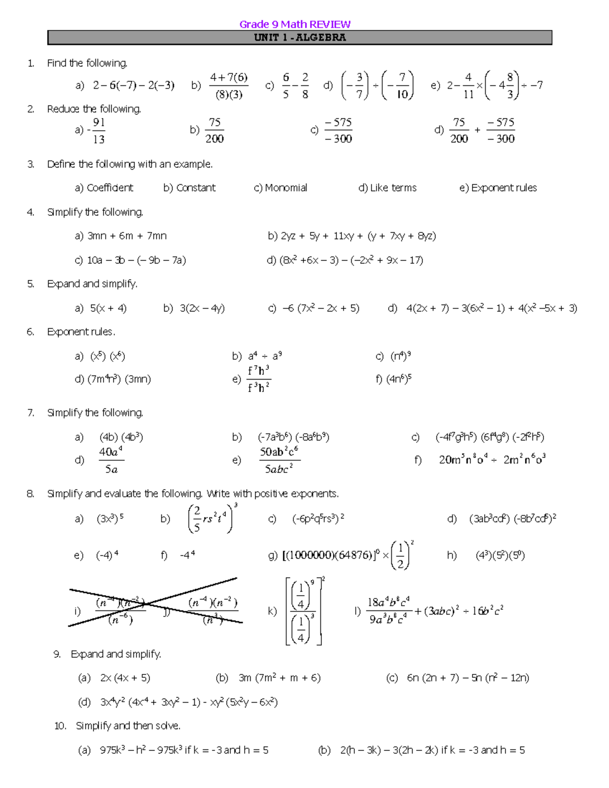Algebra Review Gr 9 - Grade 9 Math REVIEW UNIT 1 - ALGEBRA 1. Find the ...