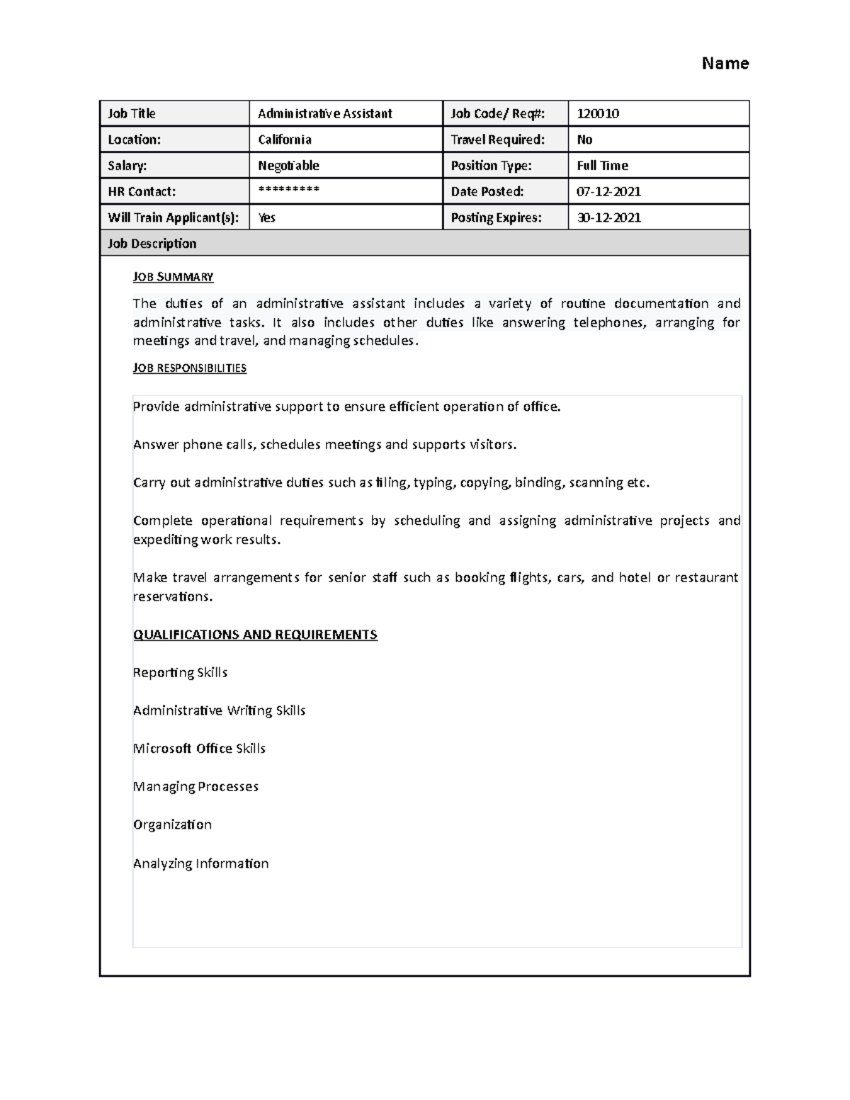 Job Description of a junior assistant - Name Job Title Administrative ...