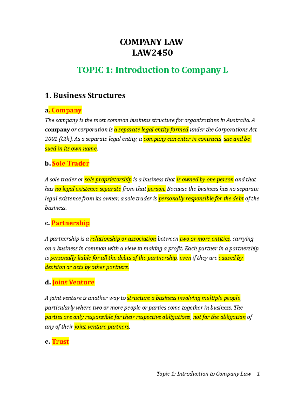 Exam notes - covers all topics - COMPANY LAW LAW TOPIC 1: Introduction ...