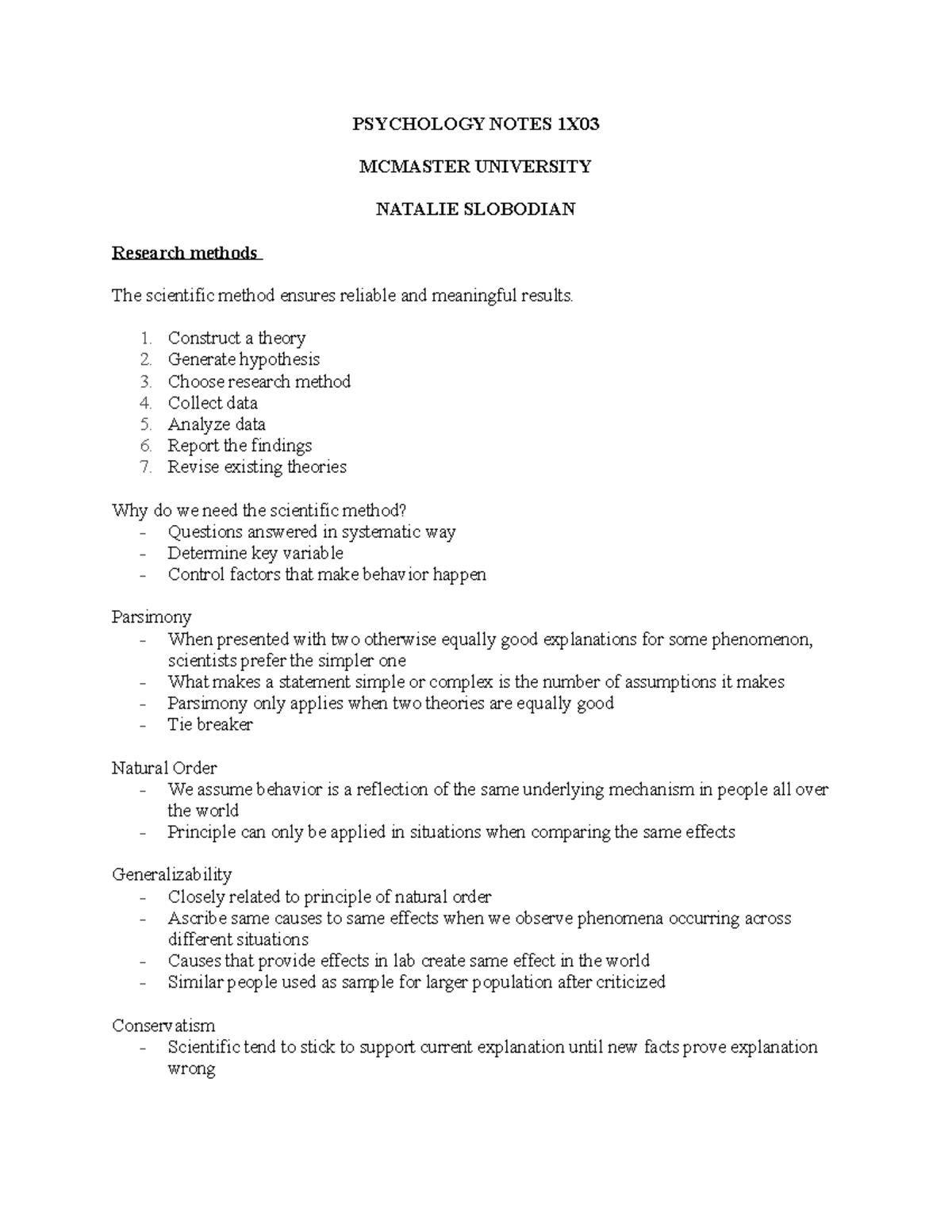 Psych Notes - PSYCHOLOGY NOTES 1X MCMASTER UNIVERSITY NATALIE SLOBODIAN ...
