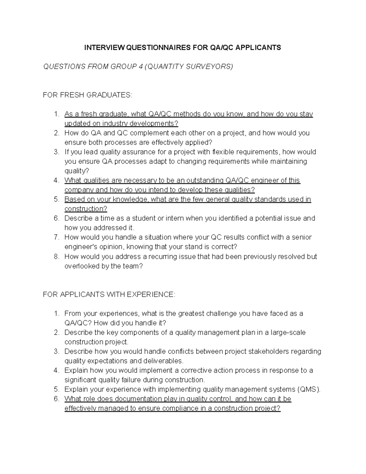 Interview Questionnaires FOR QA QC Applicants - INTERVIEW ...