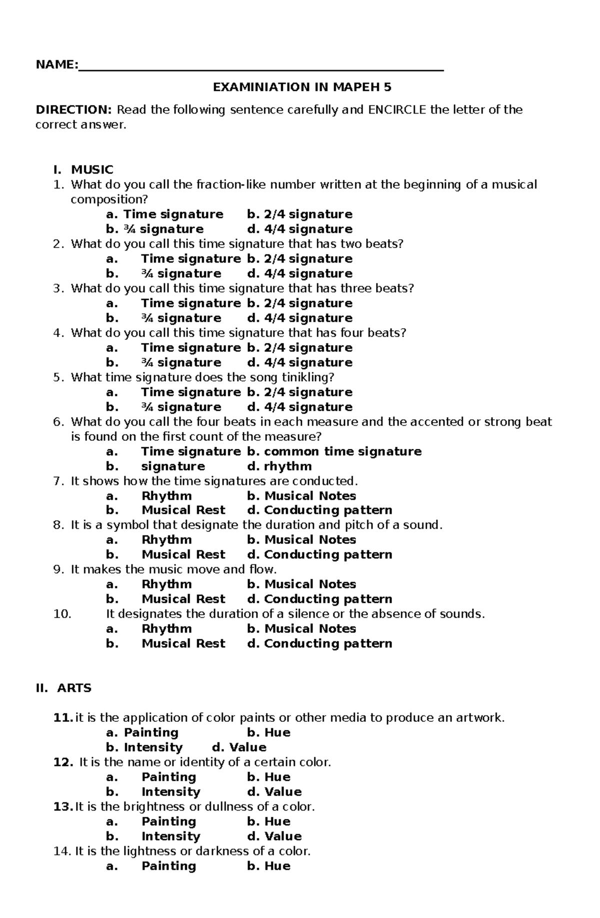 Examiniation IN Mapeh 5 - NAME