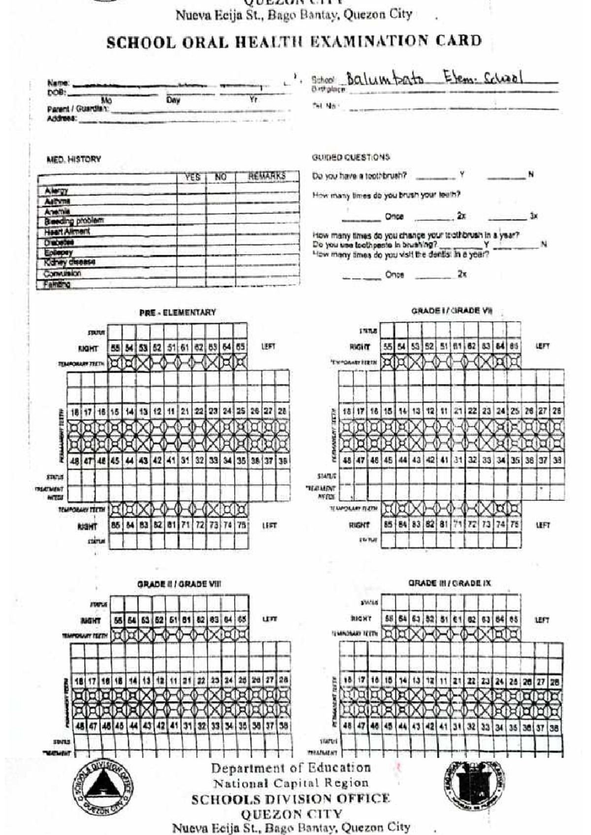 P - n/a - Nueva Ecija St., Bago Bantay, Quezon City SCHOOL ORAL HEALTH ...
