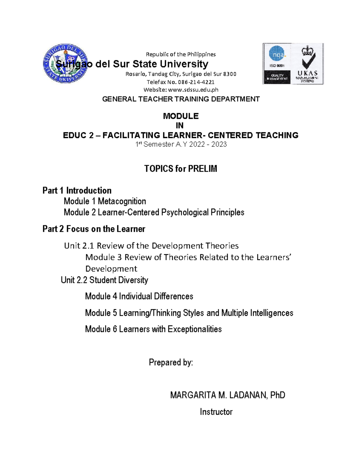 Educ - Facilitating Learning... study guide - Republic of the Philippines Surigao del Sur State ...