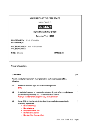 Gene3744 exam question paper - GENE3744 - UFS UV - Studocu