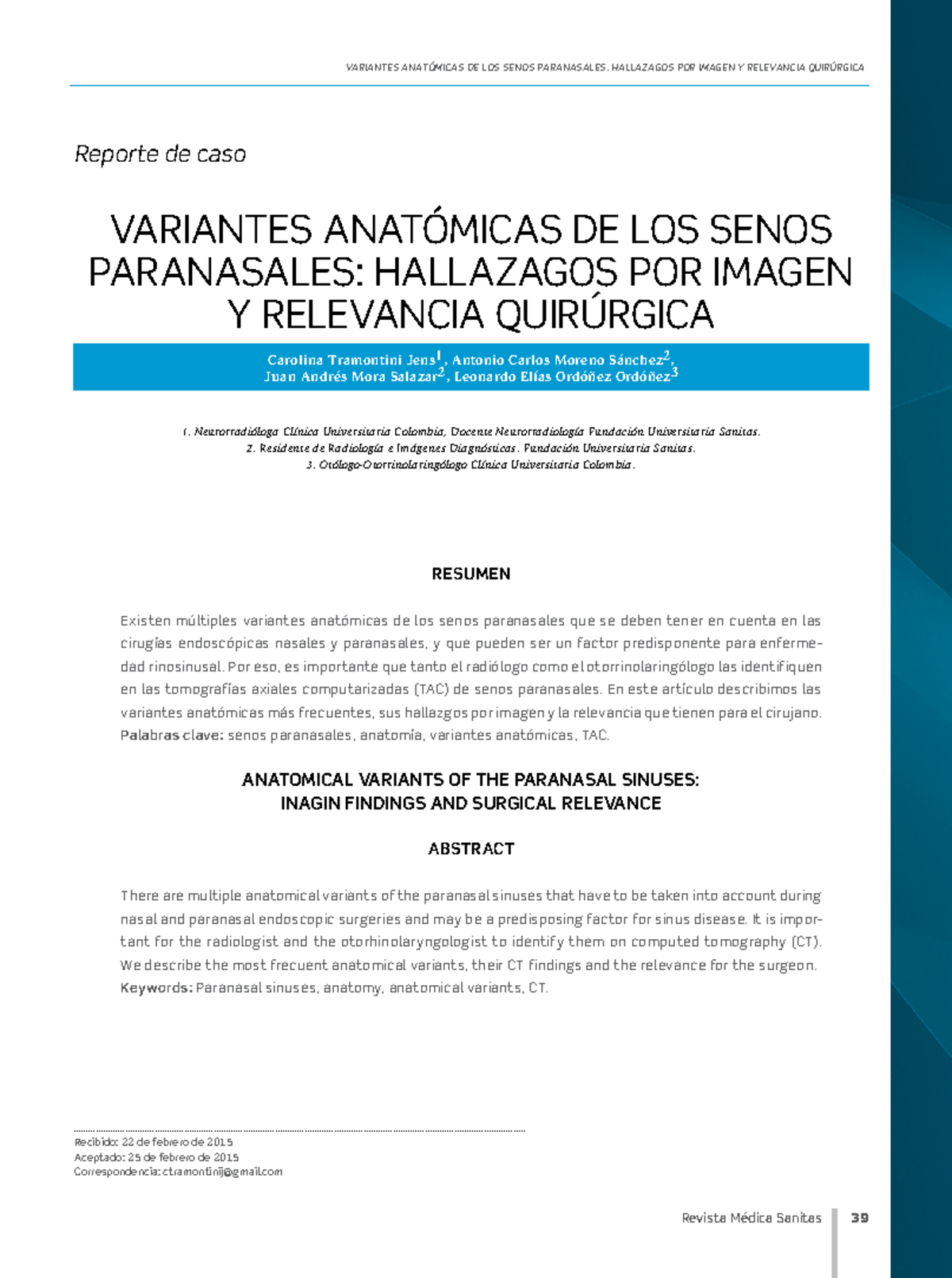 Variantes Anatomicas DE LOS Senos - Revista Médica Sanitas 39 VARIANTES ...
