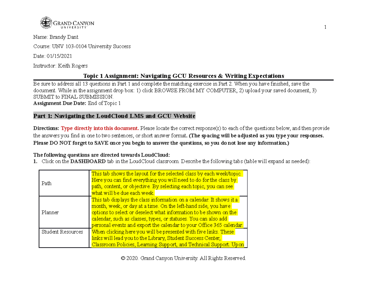 UNV-103-T1- GCUResourcesand Writing Expectations Worskheet-Online ...