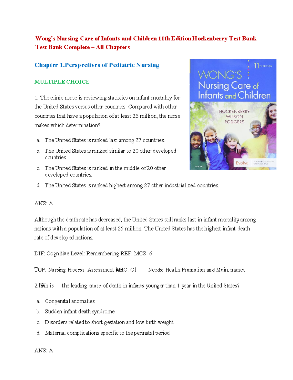 Wong’s Nursing Care of Infants and Children, 11th Edition Test bank ...