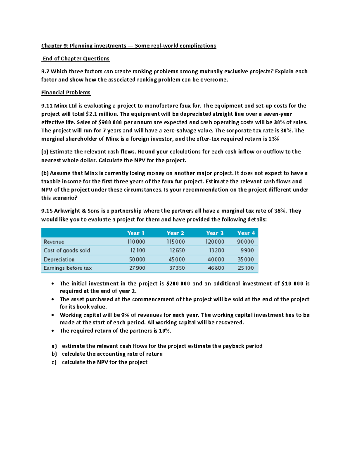 Weeks 8-9 Tutorial Questions - Chapter 9: Planning investments — Some ...