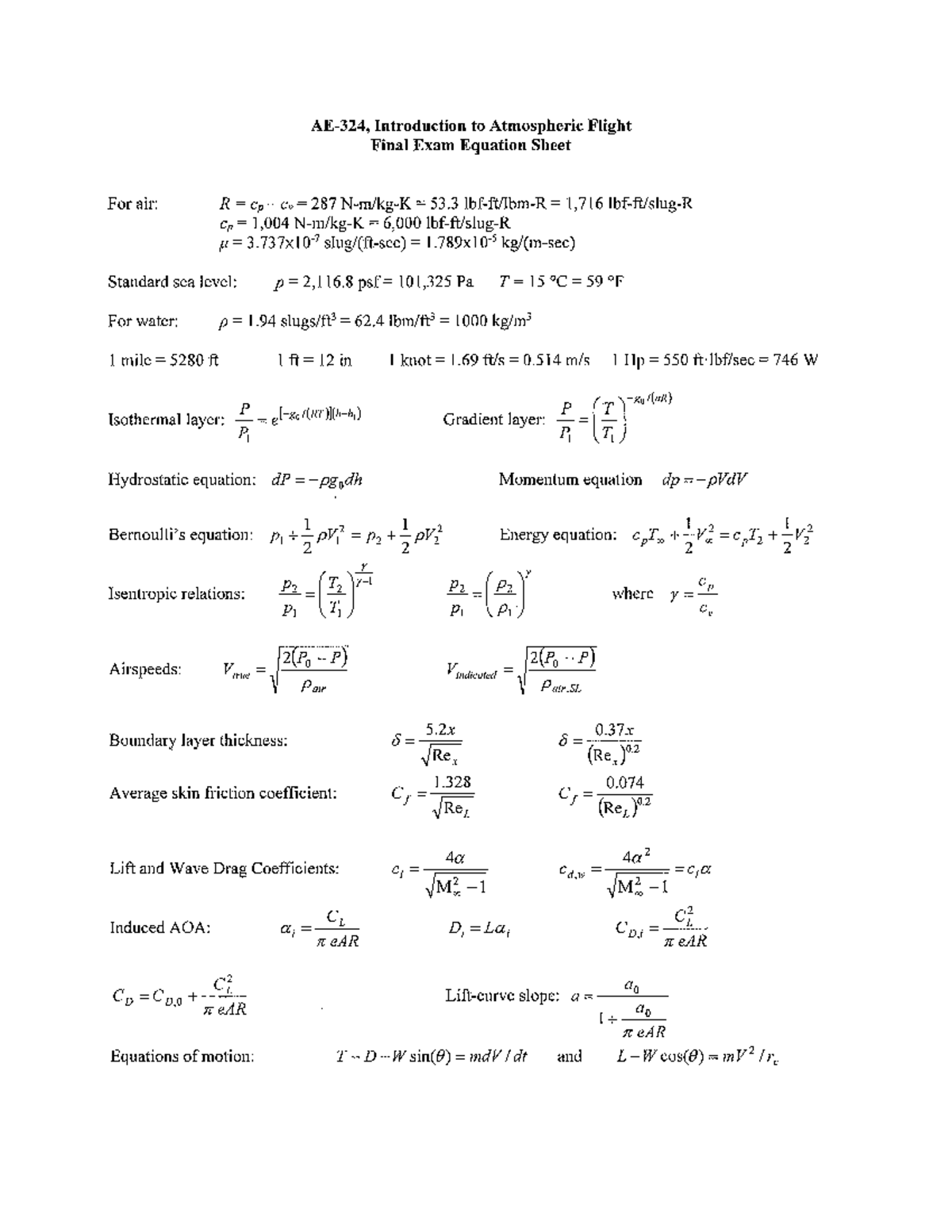AE 324 Final Exam Useful Equations - Introduction to Atmospheric Flight ...