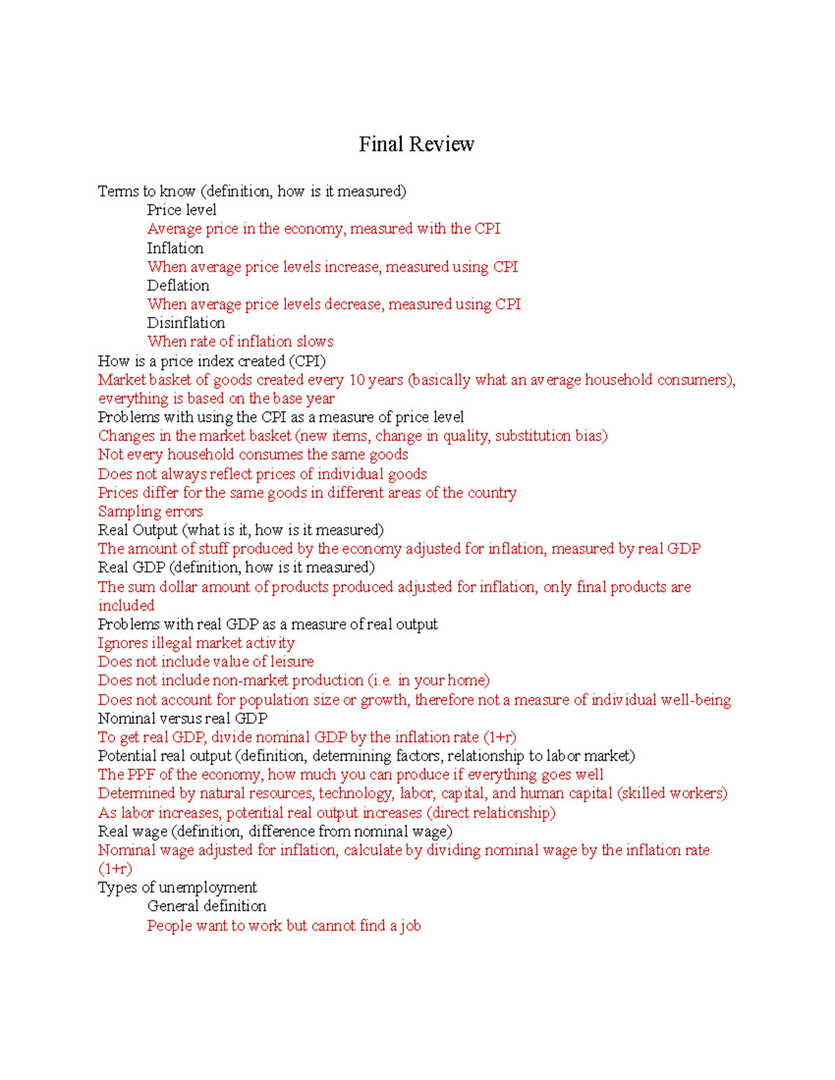Econ Final Review - Final Review Terms to know (definition, how is it measured) Price level ...