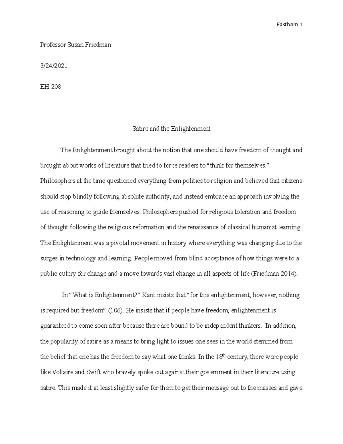 English Essay-Satire and the Enlightenment - Professor Susan Friedman 3 ...