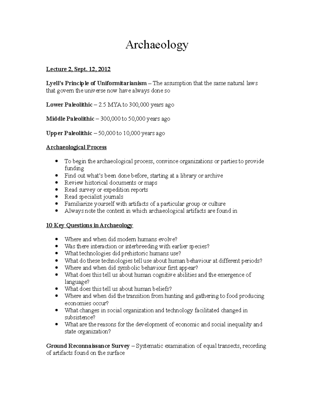 Archaeology - Lecture notes, lectures 1 - 11 - Archaeology Lecture 2 ...