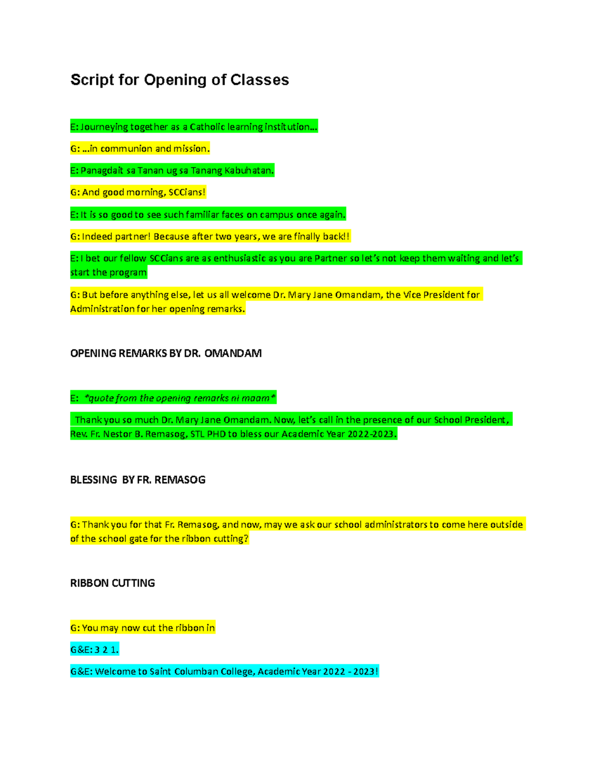 Script for Opening of Classes - .. G: .. communion and mission. E ...
