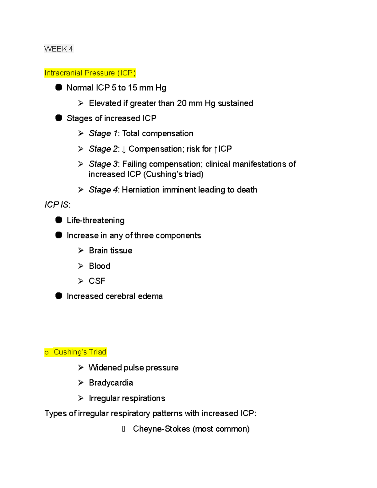 Adult Health 2 EXAM TWO Study Guide - WEEK 4 Intracranial Pressure (ICP ...