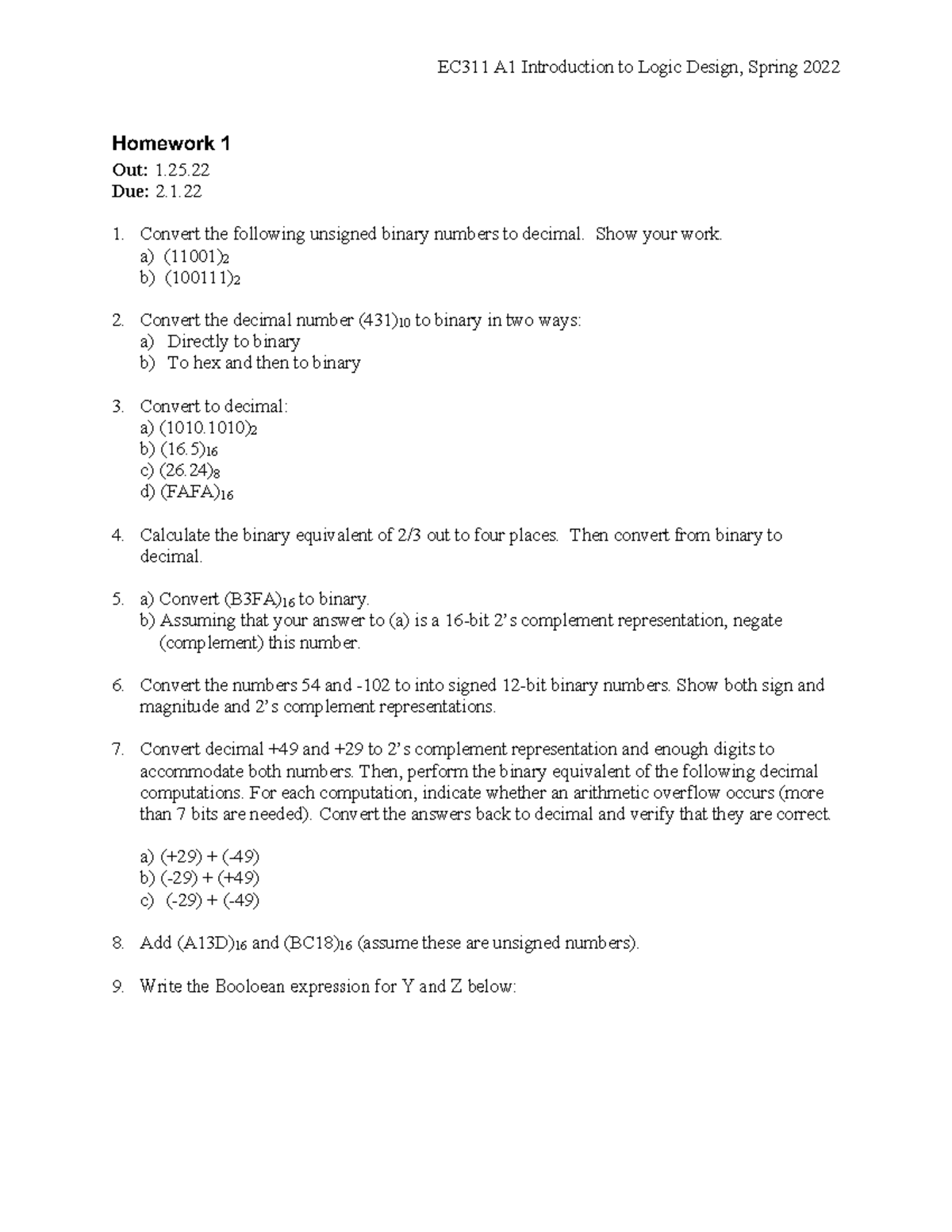 EC311 HW1(11) - Prof. Tali Moreshet - EC311 A1 Introduction to Logic ...