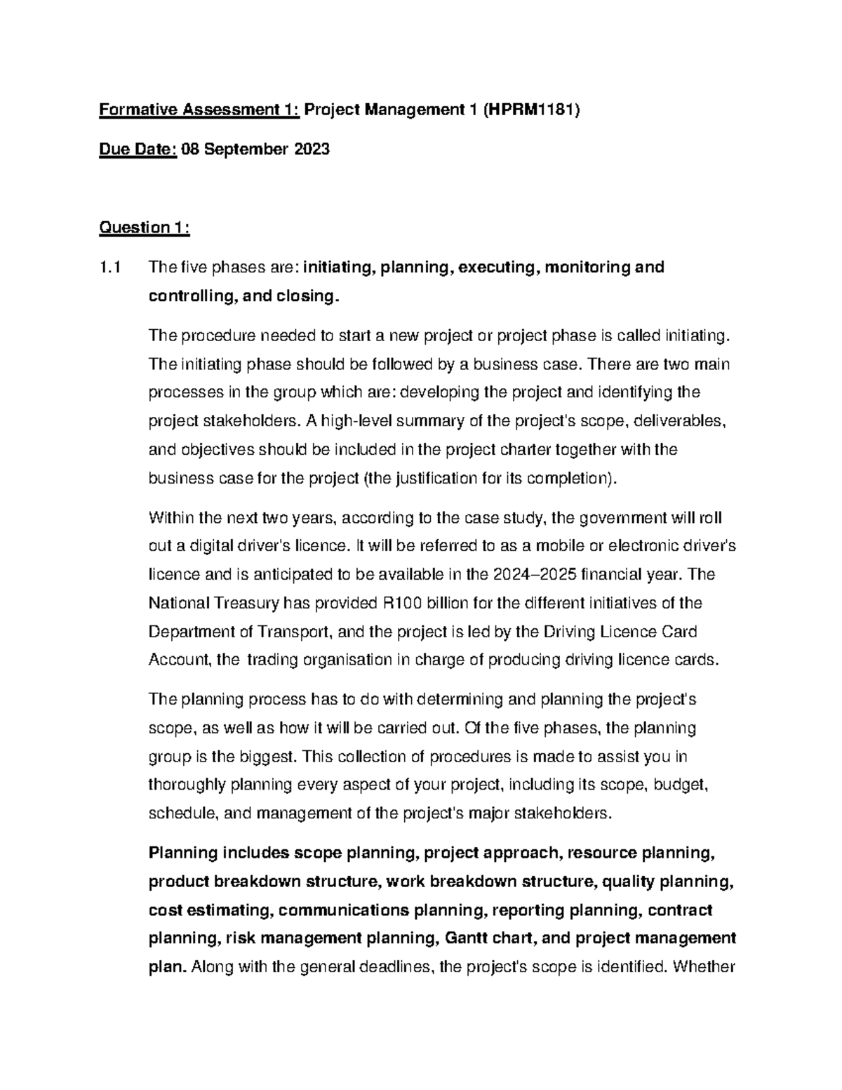 Formative Assessment 1 Project Management 1 (HPRM1181) - Formative ...