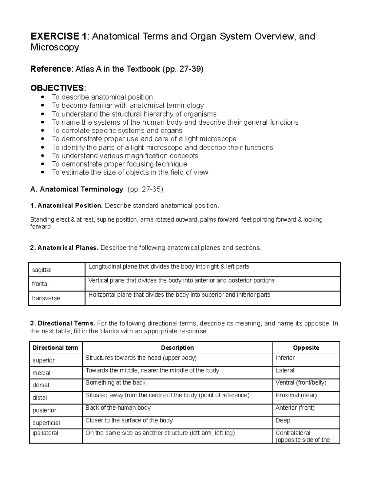 Exercise 1 - Intro, Terminology, and Microscopy - EXERCISE 1 ...