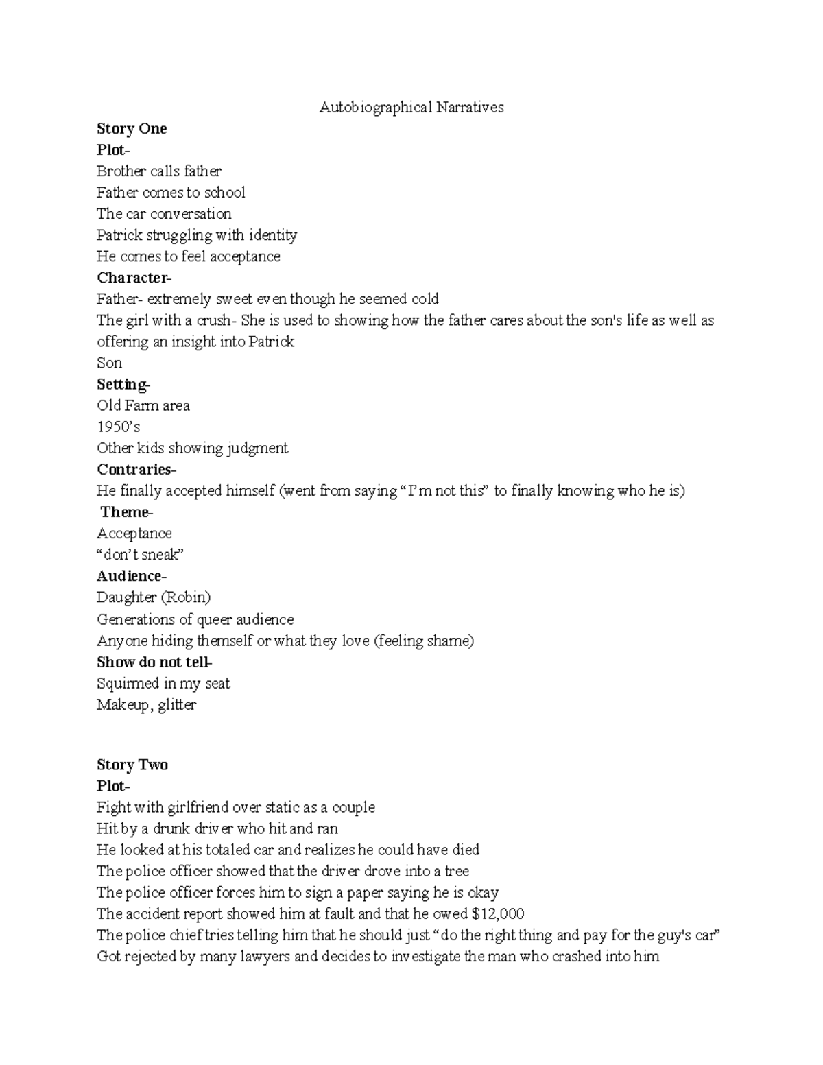 Autobiographical narrative - Autobiographical Narratives Story One Plot ...