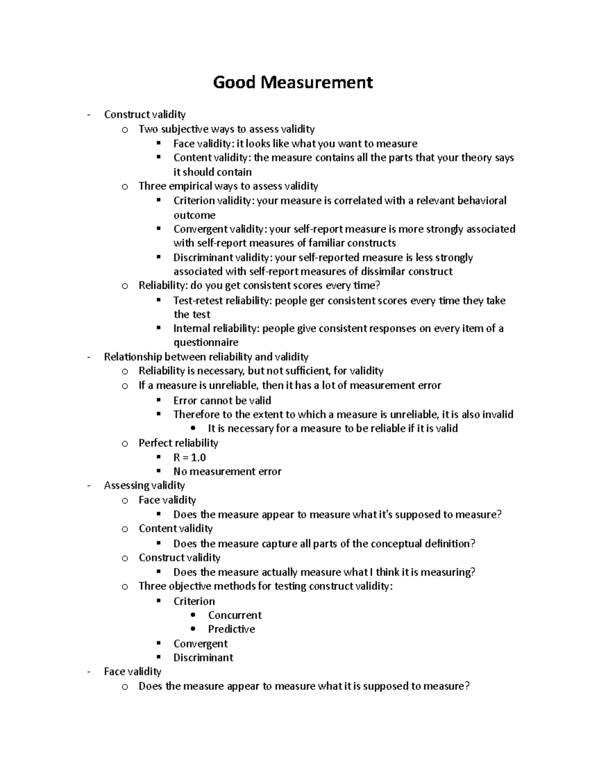Good Measurement Part 2 CH5 - Good Measurement Construct validity o Two ...