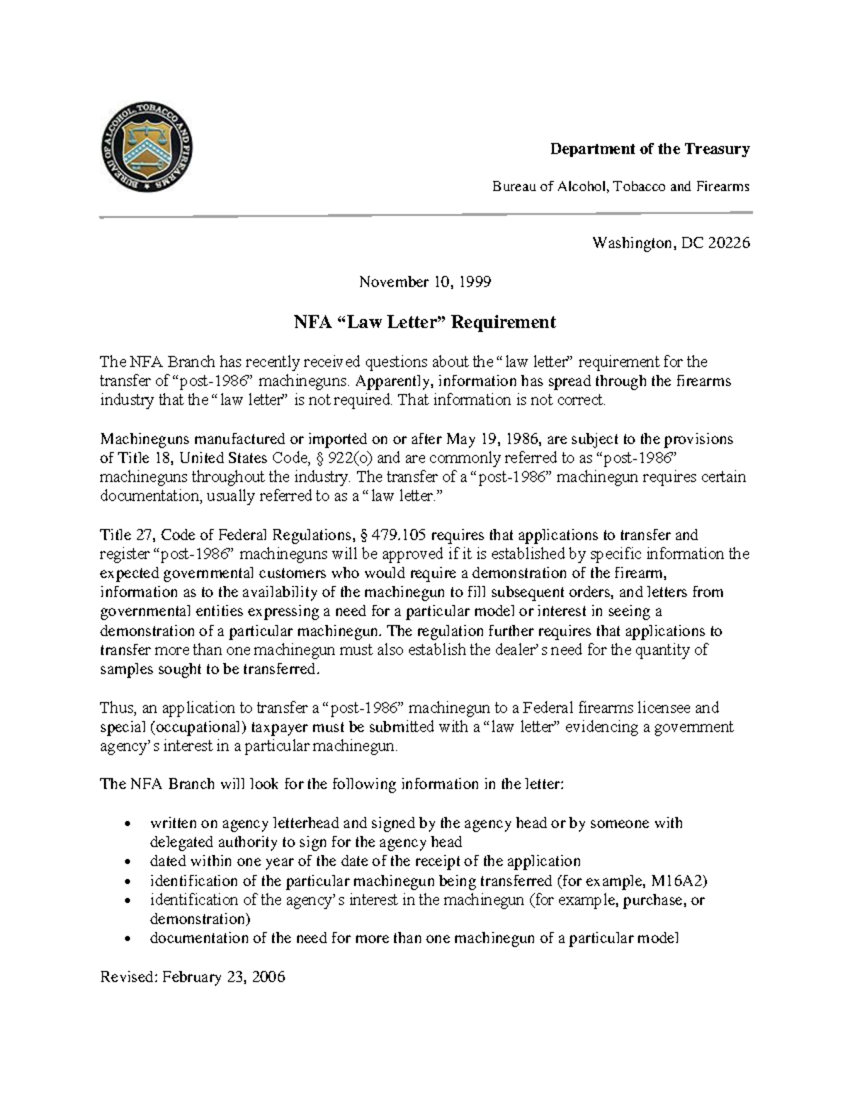 Nfa law letter requirement - Department of the Treasury Bureau of ...
