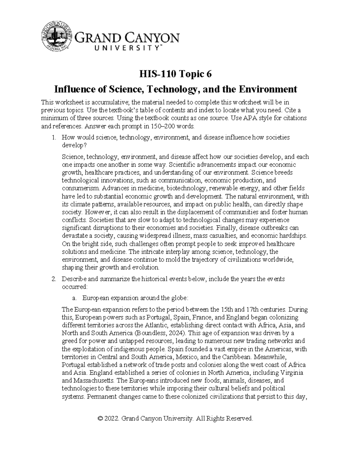 HIS-110 Influence of Science, Technology, & Enviroment - HIS-110 Topic ...