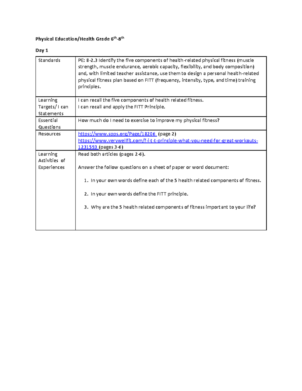 FITT principle - ####### Physical Education/Health Grade 6th-8th ...