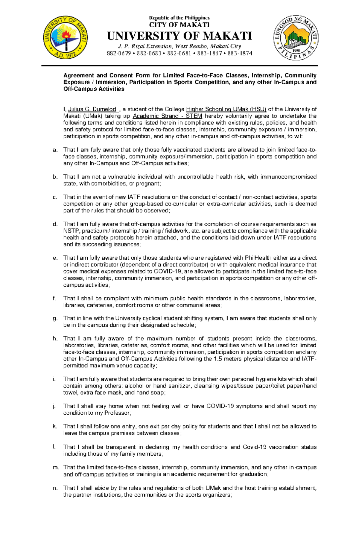 Agreement and Consent Form with Health and Safety Protocol - Republic ...