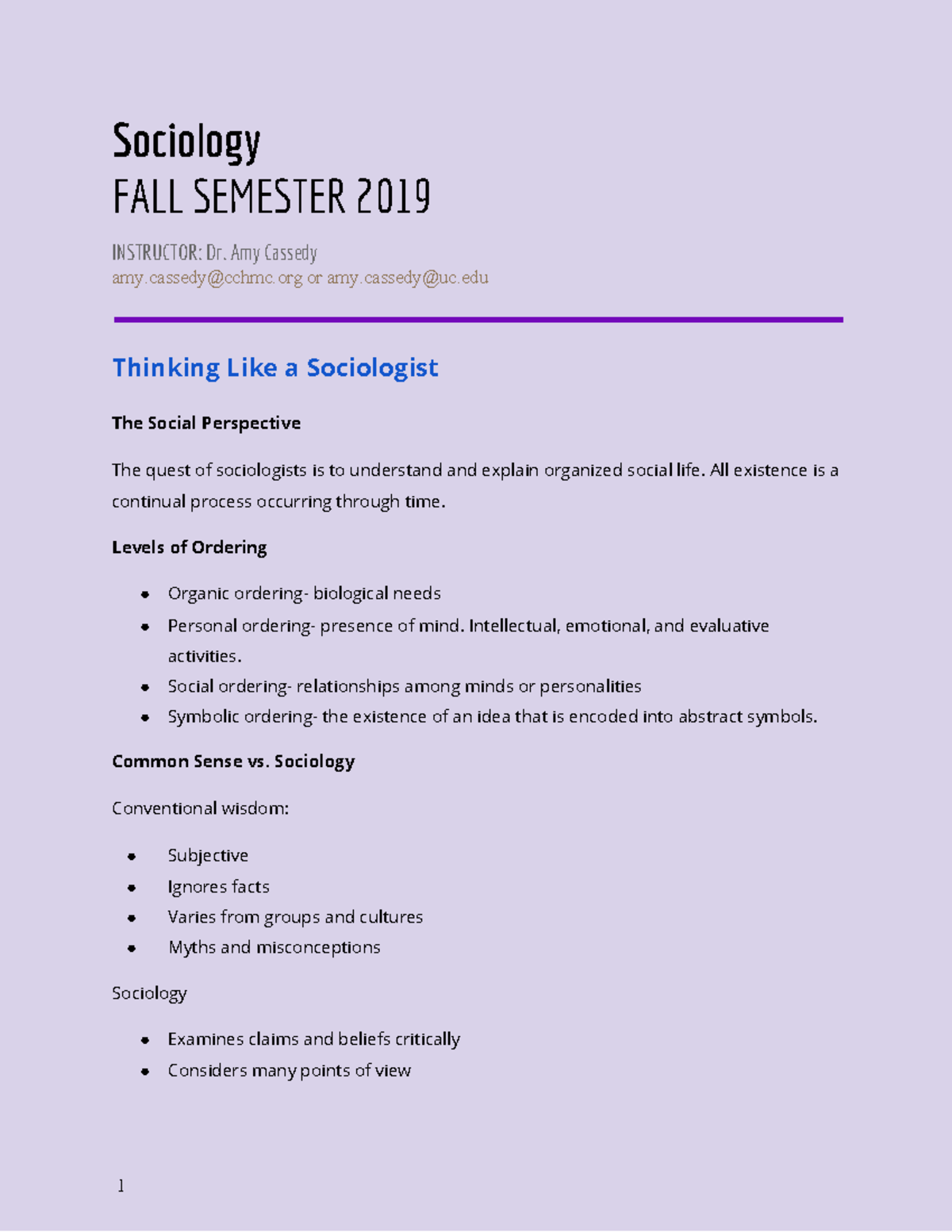 Sociology Class Notes - Dr. Amy Cassedy - Sociology FALL SEMESTER 2019 ...