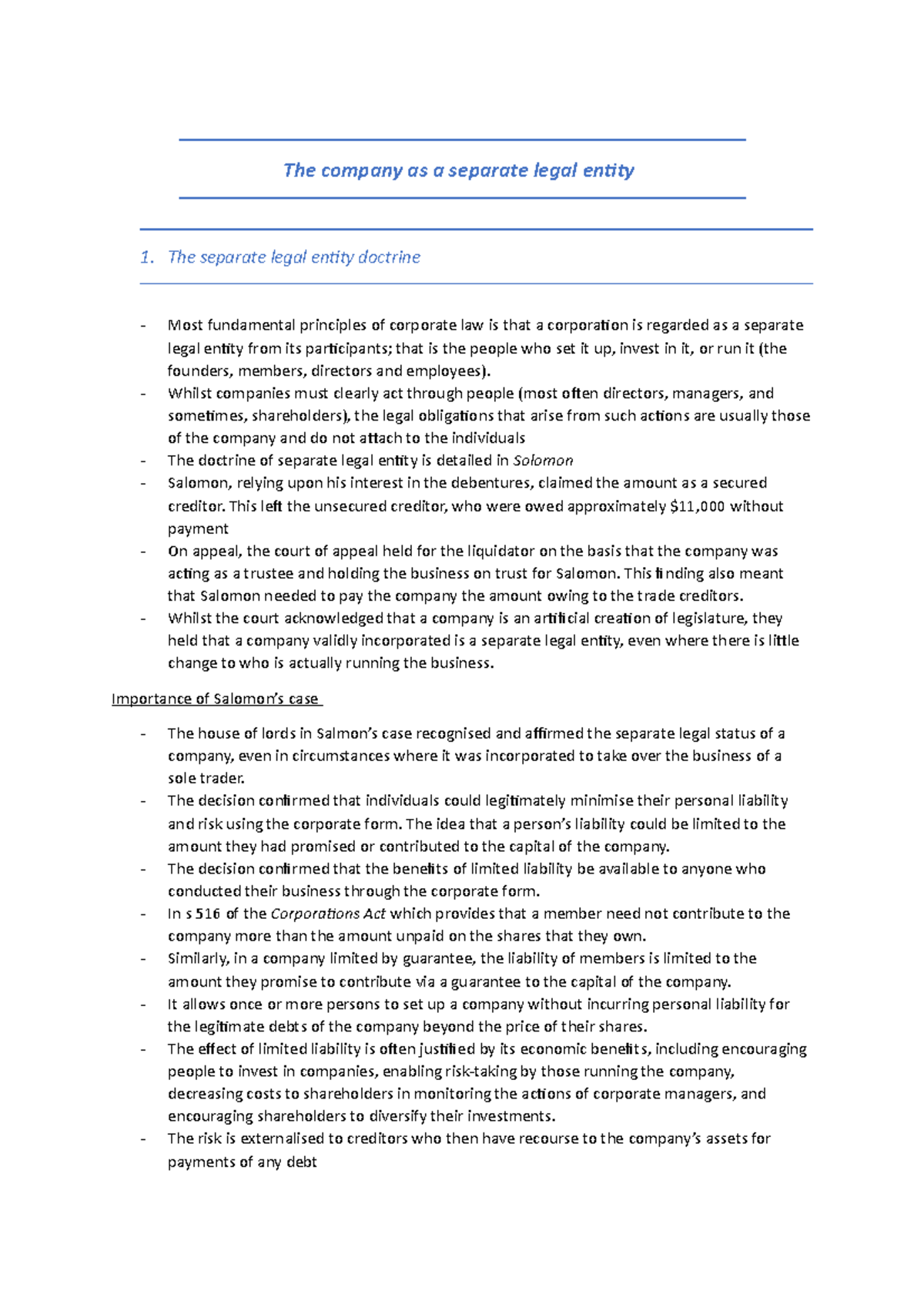 Corporate law week 3 readings - The company as a separate legal entity ...