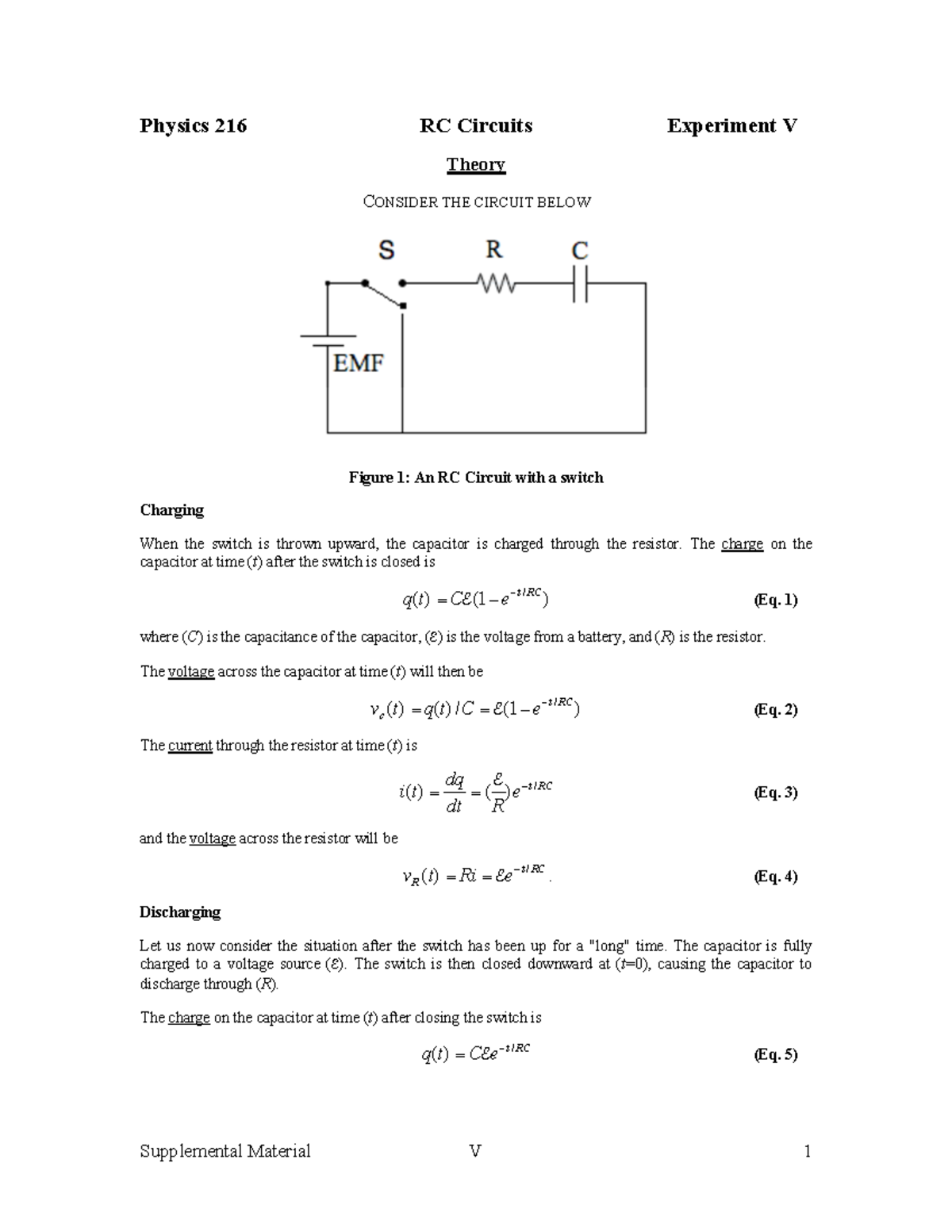 RC Circuits Experiment V - Supplemental Material V 1 Physics 216 RC Circuits Experiment V Theory ...