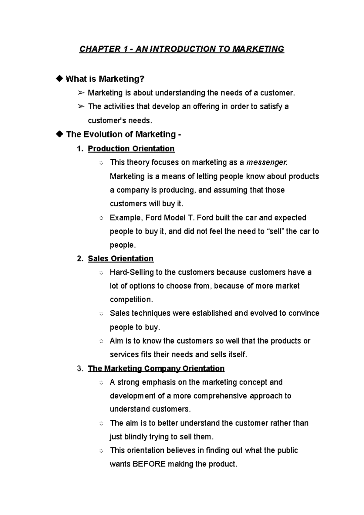 ADMS 2200 Notes - CHAPTER 1 - AN INTRODUCTION TO MARKETING What is ...