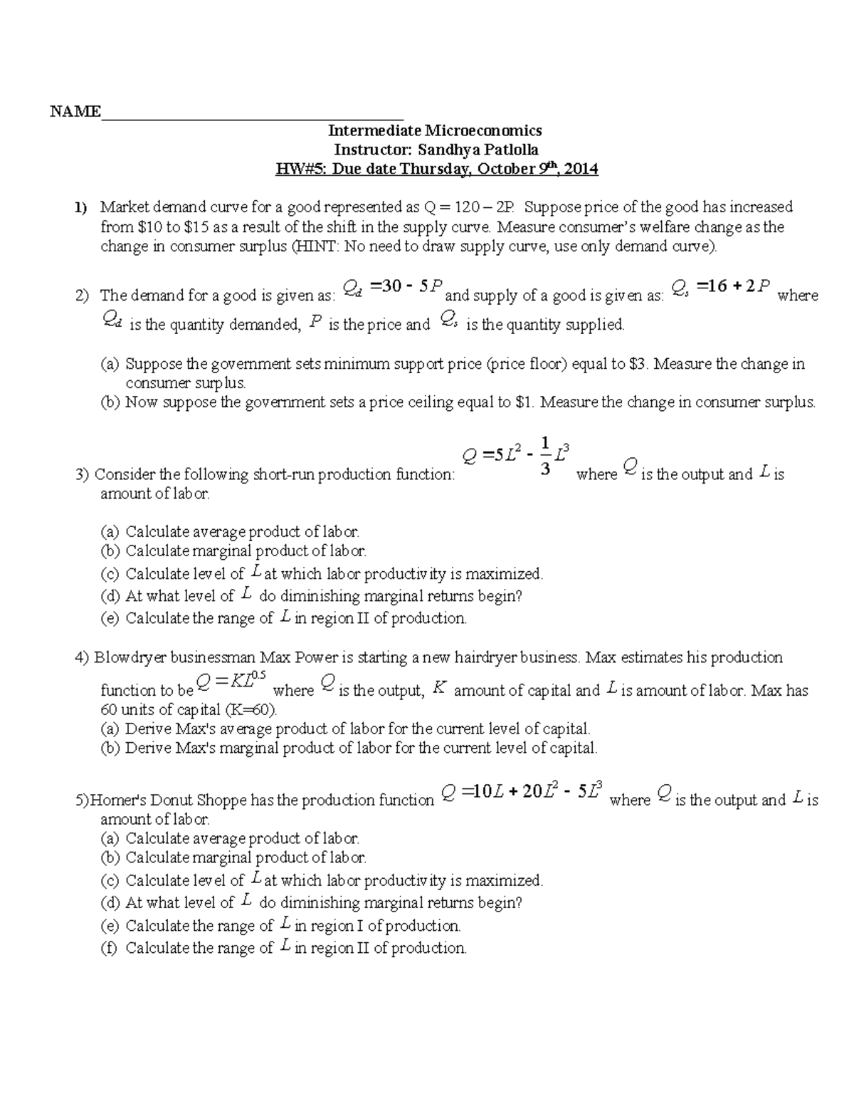 ECON 301 Fall 2014 HW5 - Sandhya Patlolla homework 5 questions - - Studocu