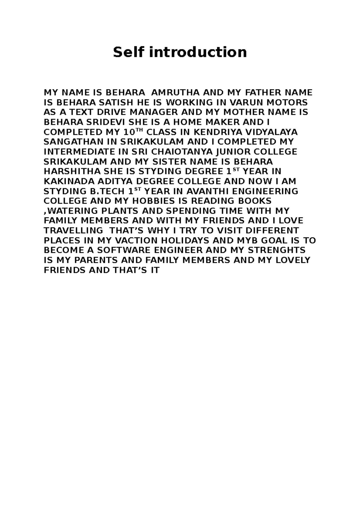 Amrutha - Self introduction MY NAME IS BEHARA AMRUTHA AND MY FATHER ...