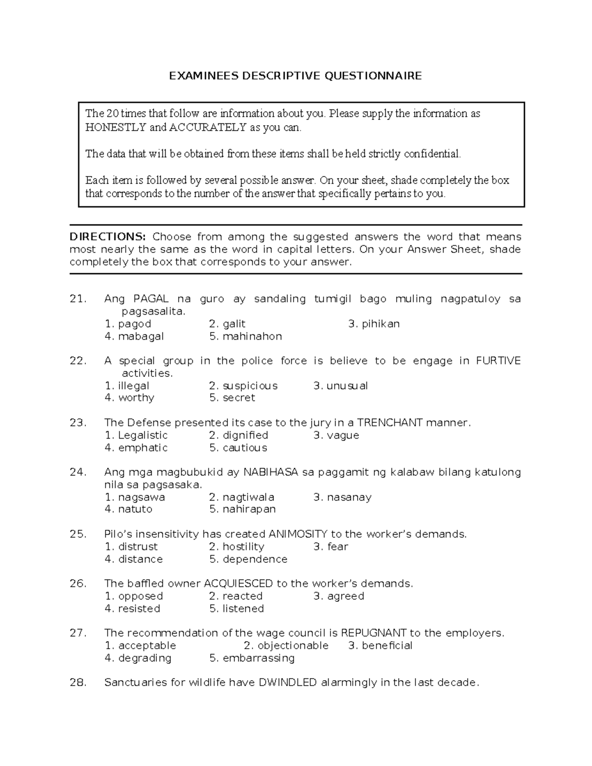 Civil Service Examination Questionaire - EXAMINEES DESCRIPTIVE ...