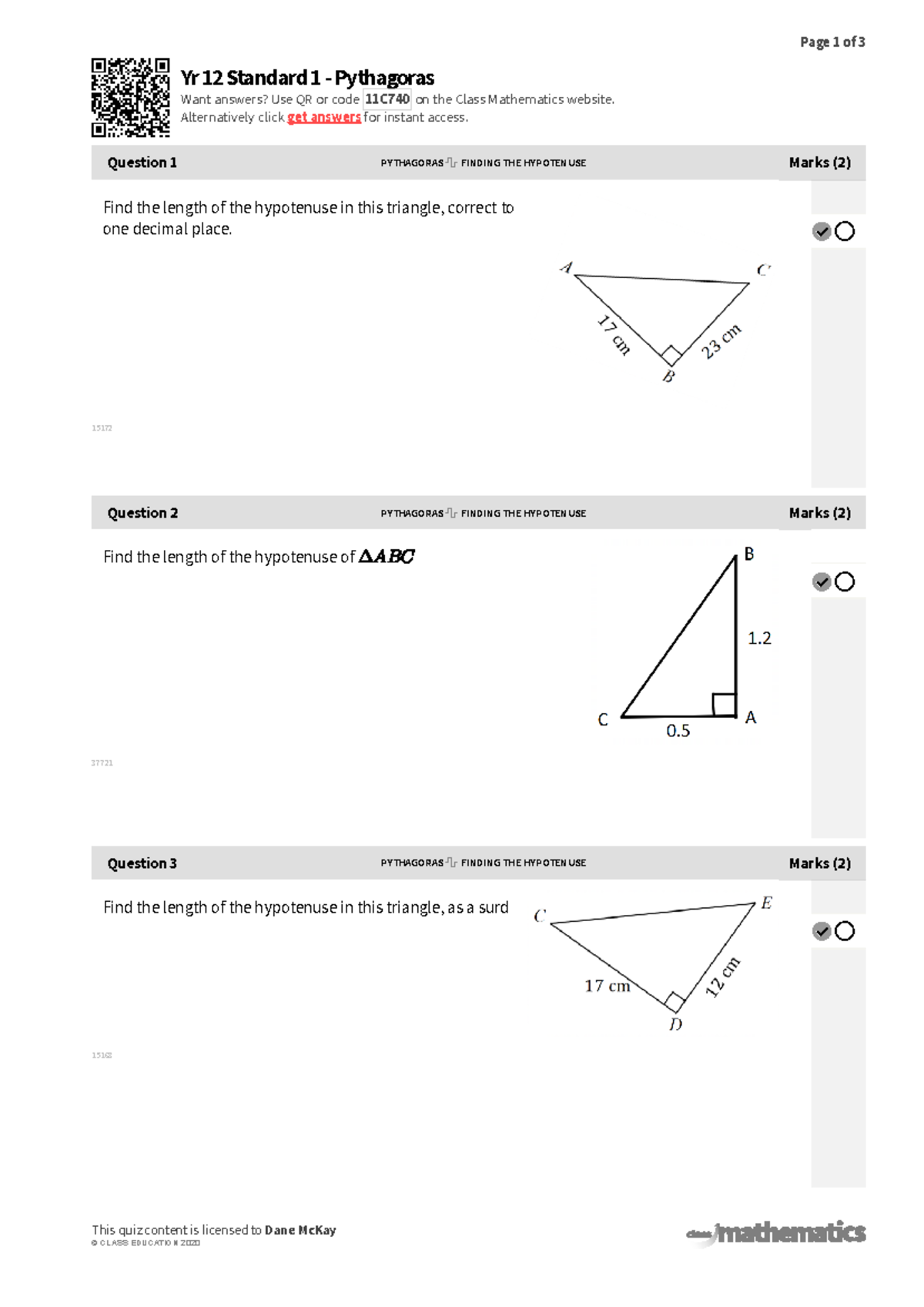 1 - Pythagoras Homework - Yr 12 Standard 1 - Pythagoras Question 1 ...