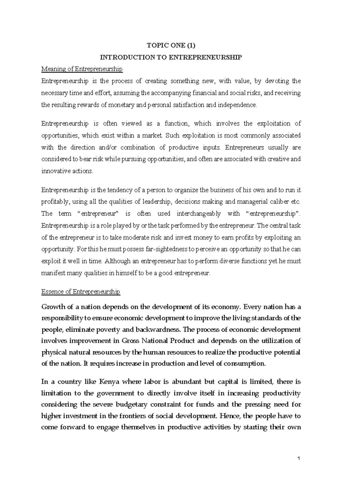 Topic 1 Introduction - TOPIC ONE (1) INTRODUCTION TO ENTREPRENEURSHIP Meaning of ...