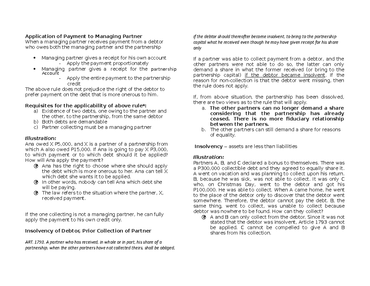 My notes Topic 6 - Application of Payment to Managing Partner When a ...