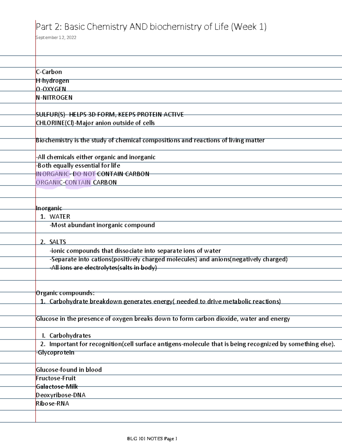 Part 2 Basic Chemistry AND biochemistry of Life (Week 1) - C-Carbon H ...