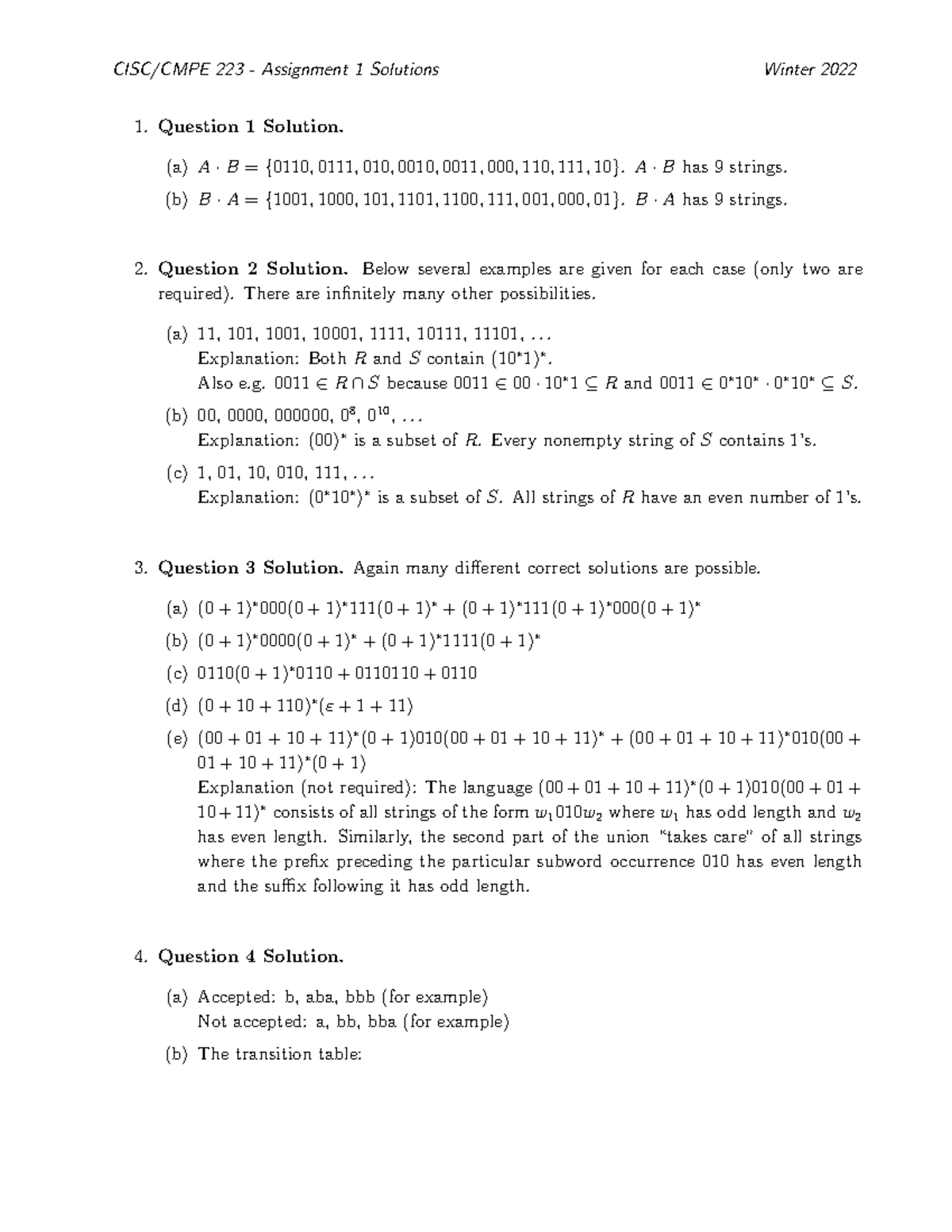 A1Sol W22 - Assignment 1 solutions - CISC/CMPE 223 - Assignment 1 Solutions Winter 2022 Question ...