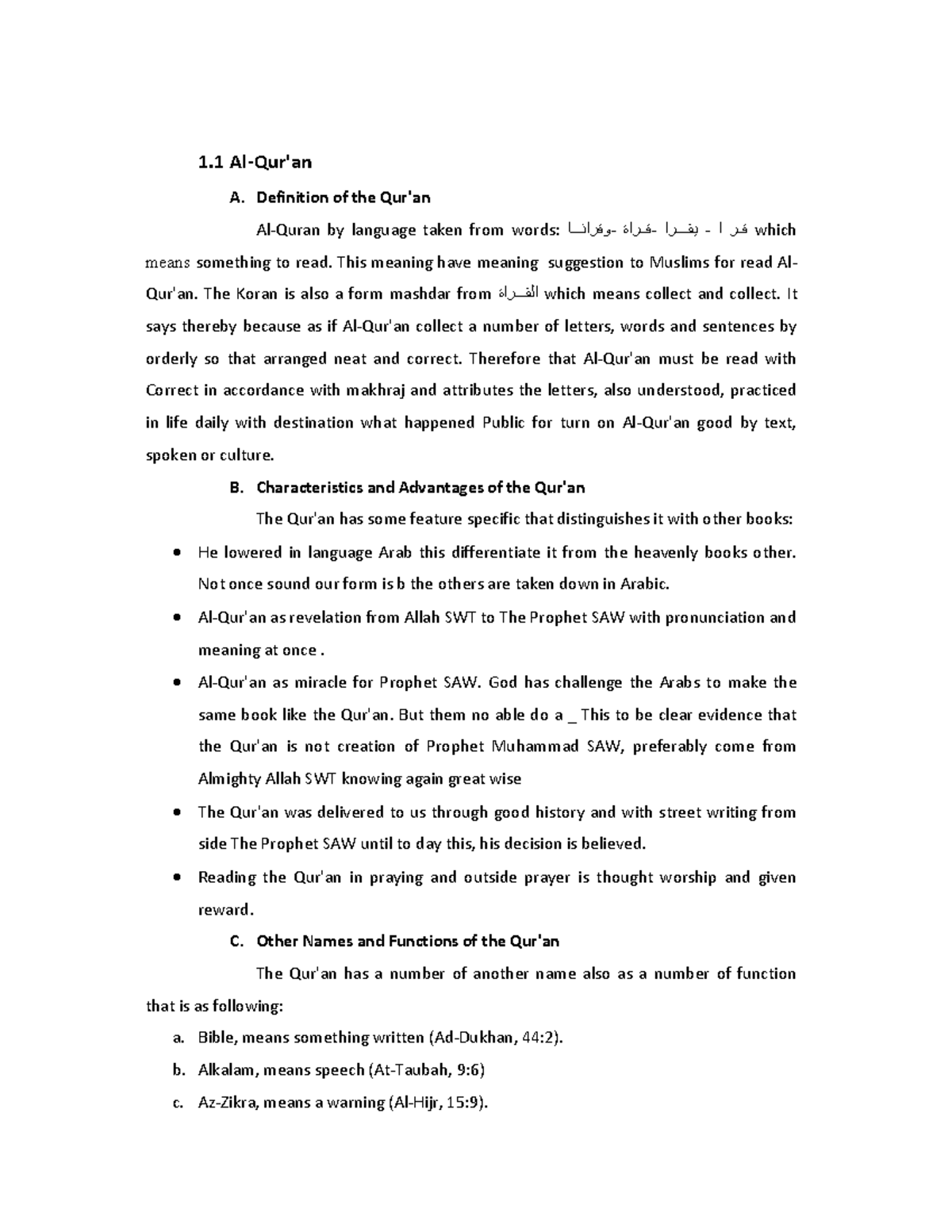 Sources OF Islamic Teachings - 1 Al-Qur'an A. Definition of the Qur'an ...
