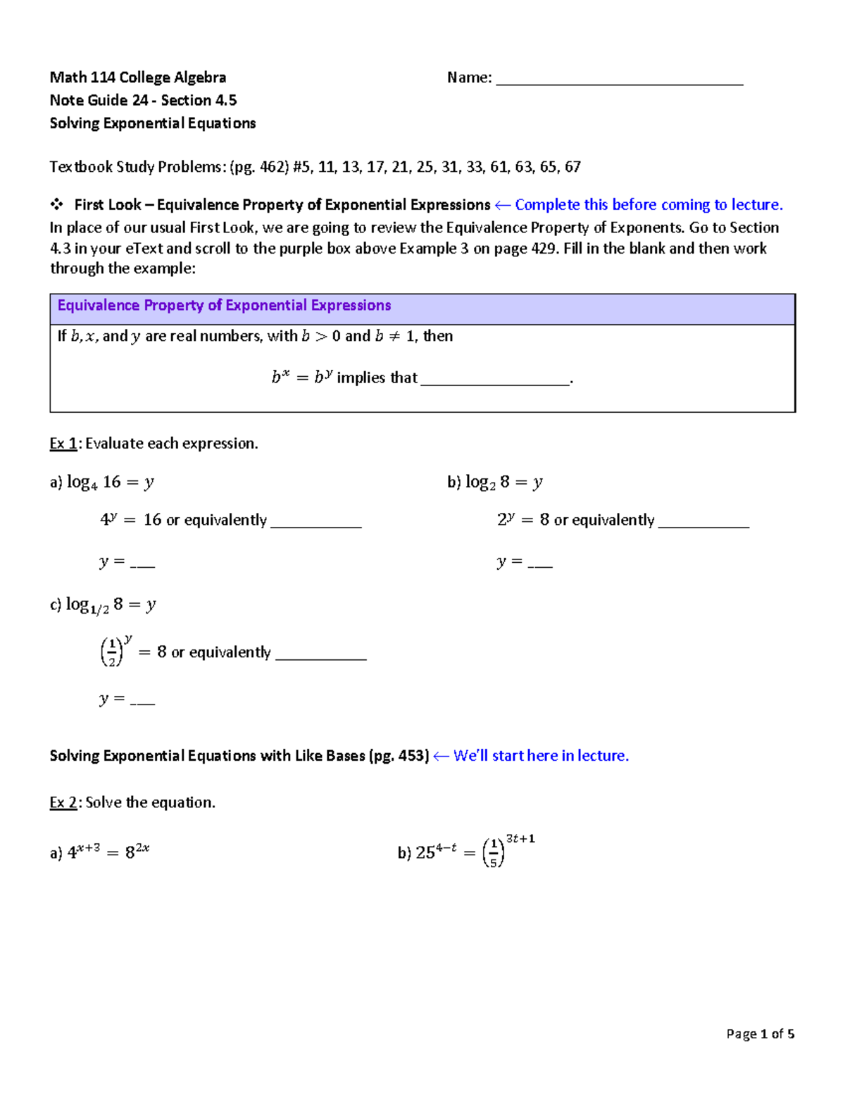 Solving Exponential Functions - Math 114 College Algebra Name