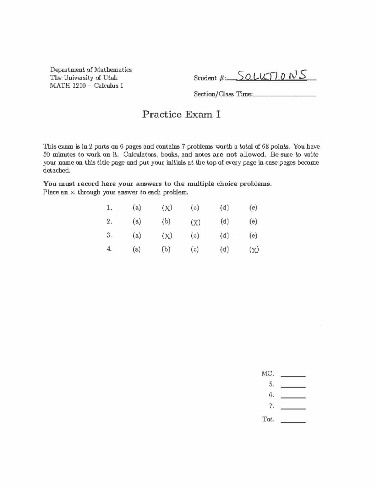 1210Practice Exam 1 solutions - Department of Mathematics The ...