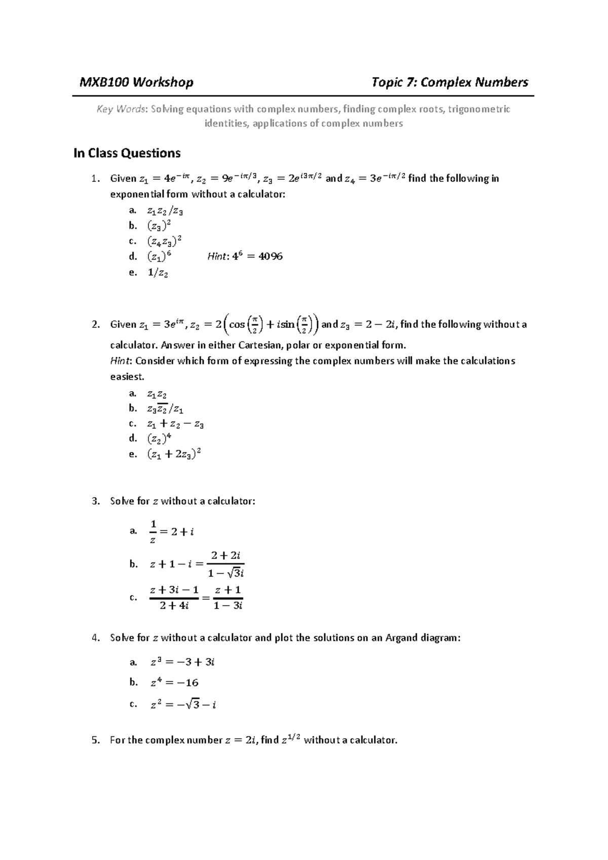 MXB100 Workshop 12 - Complex Numbers 2 - MXB100 Workshop Topic 7 ...