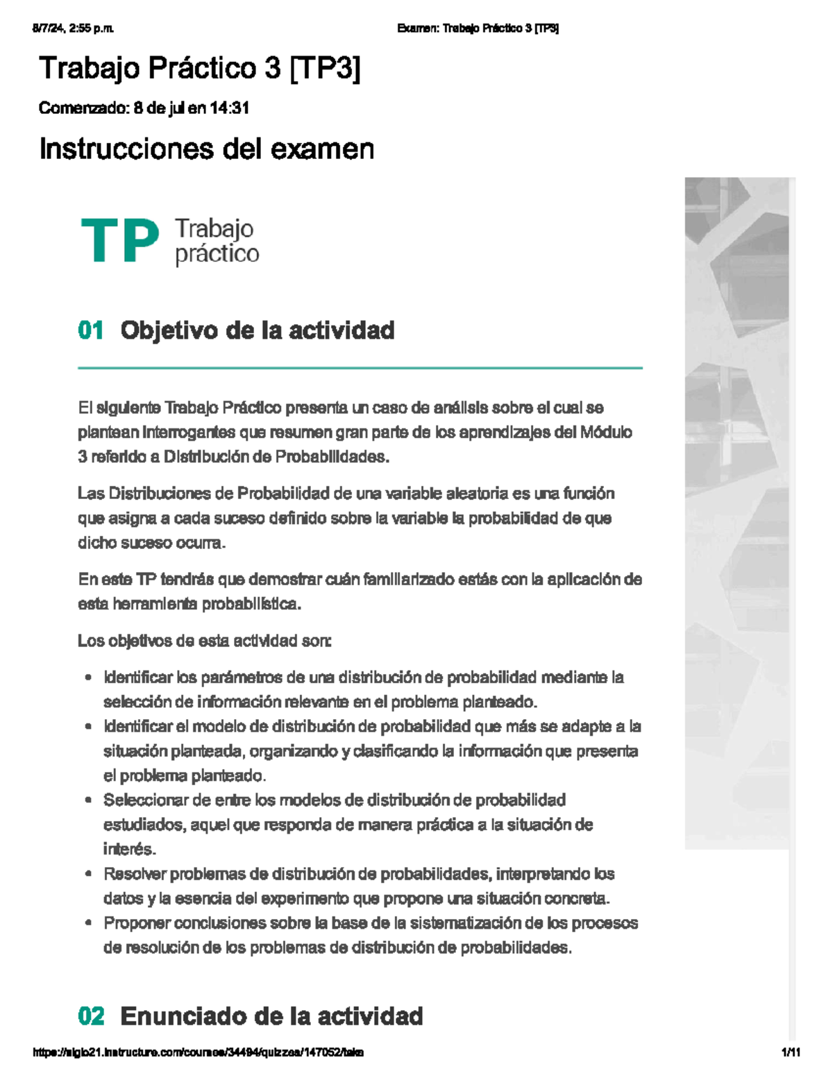 TP3- Estadística I- Herramientas Matematicas III - 2:55 p. Examen: Trabajo Práctico 3 Trabajo ...