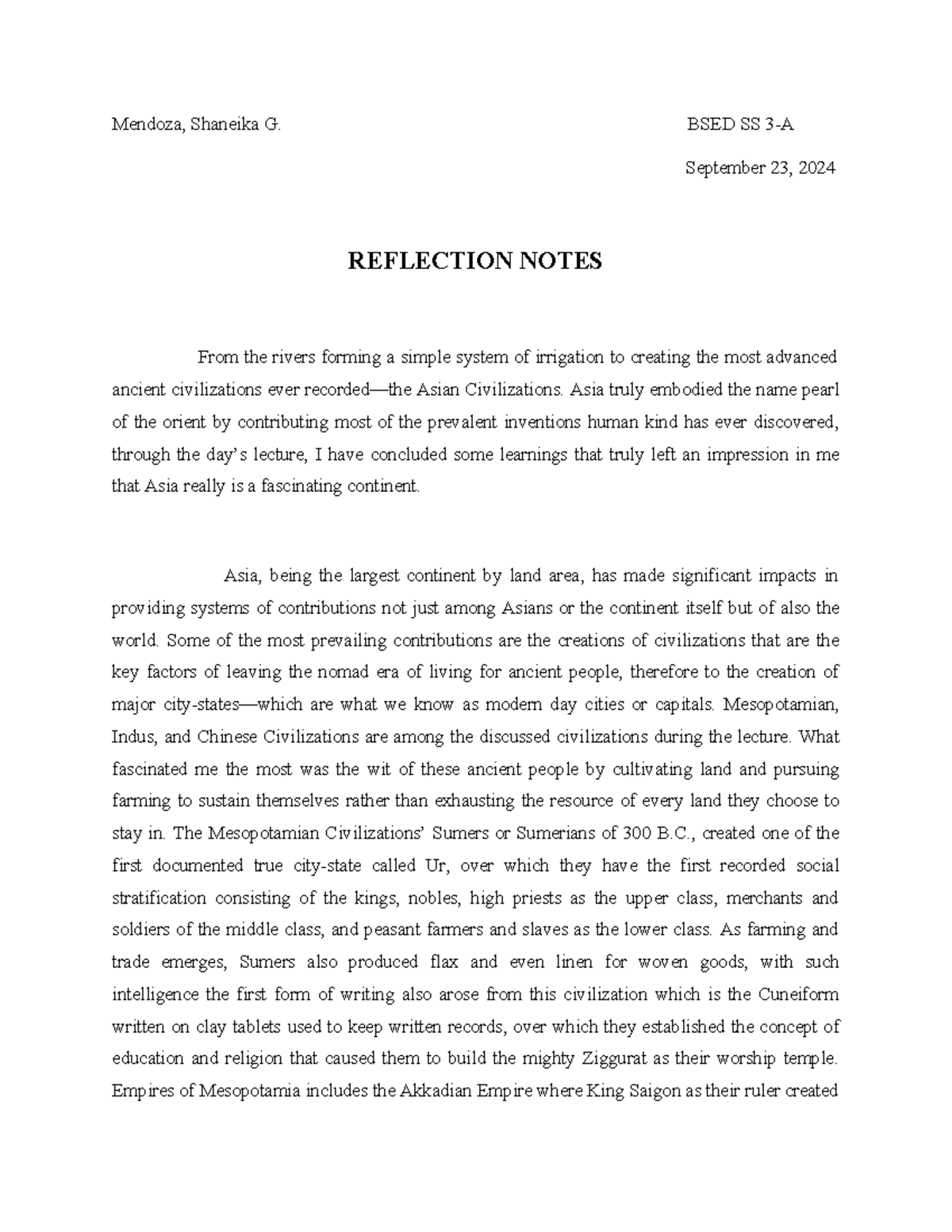 Shane (Reflection Paper) - Mendoza, Shaneika G. BSED SS 3-A September ...