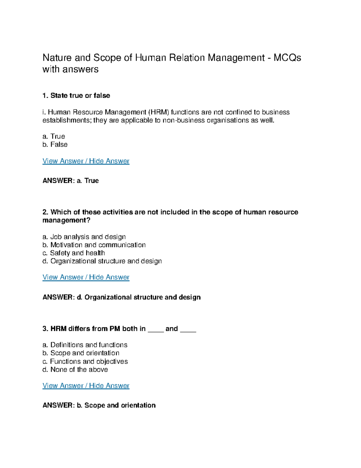 HRM Multiple choice questions - Nature and Scope of Human Relation ...